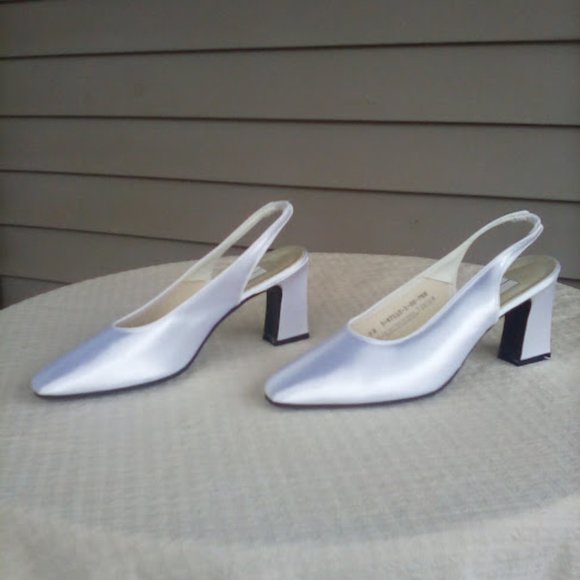 Kf Ltd | Shoes | Kf Ltd Womens White Satin Slingback 3 Rectangle Heel ...
